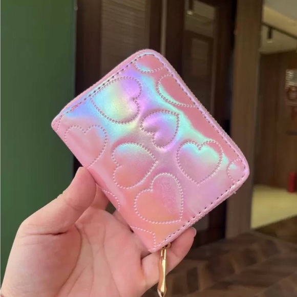 Bags | Compact Pink Wallet With Heart Pattern And Holographic Finish ...